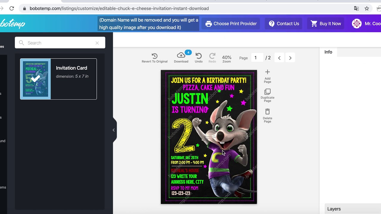 How to make a Chuck E Cheese Birthday Invitation step by step on www.bobotemp.com