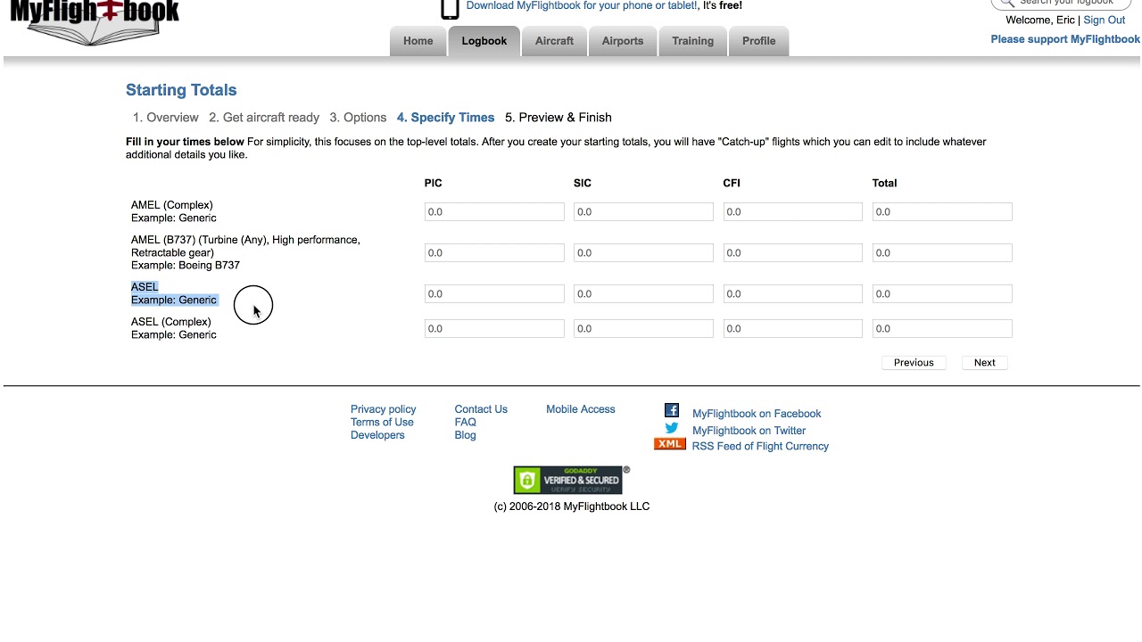 MyFlightbook   Starting Totals