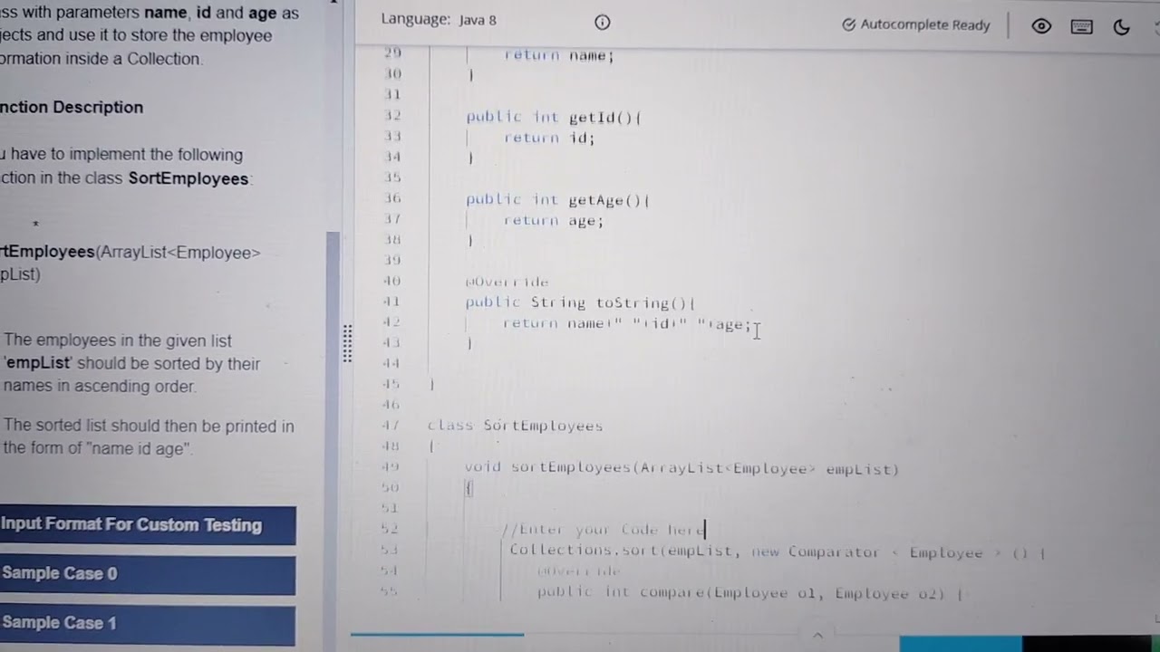 Java program to sort employee objects using Lambda Expression | TCS hackerRank solution | FrescoPlay