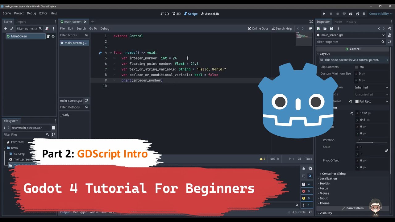 Godot 4 Tutorial For Beginners Part 2 - GDScript Intro