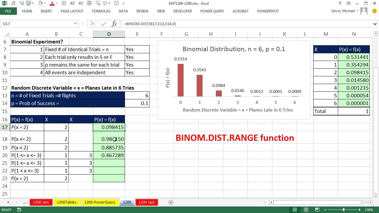 Excel Magic Trick 1209: BINOM.DIST.RANGE Function for Calculating Binomial Probabilities