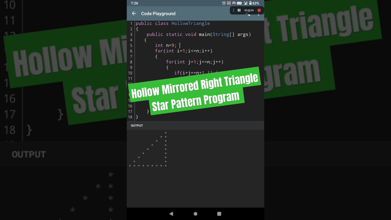 Hollow Mirrored Right Triangle Star Pattern program | Java Program  #Java #Programming