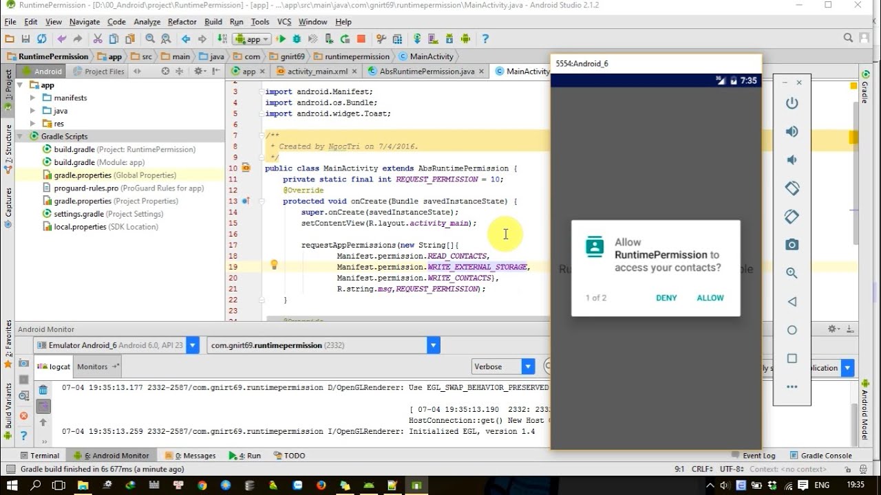 Android tutorial: Requesting Permissions at Run Time in Android 6.x