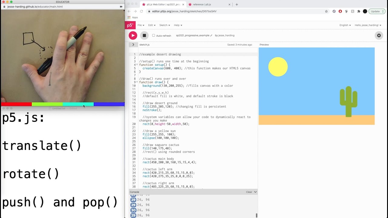 p5.js: translate(), rotate(), arc(), push(), and pop()