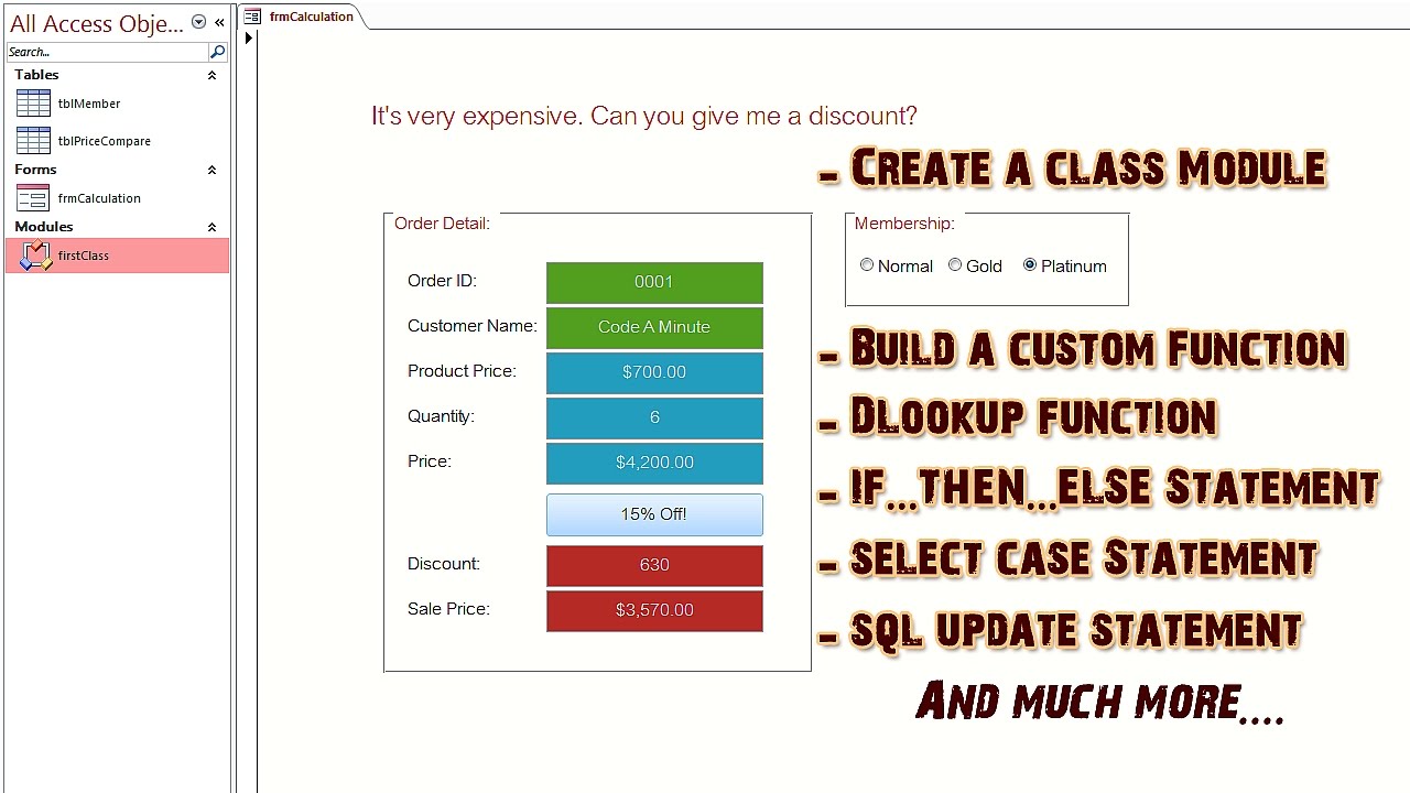 Microsoft Access VBA Programming - Discount Calculator using Class Module