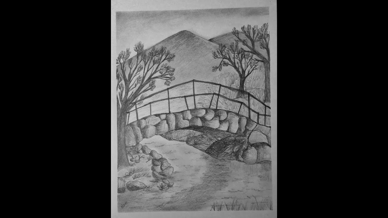 Old Stone Bridge Over River | Arch Bridge Drawing | Nature Scenery | Pencil Artwork | Architectural