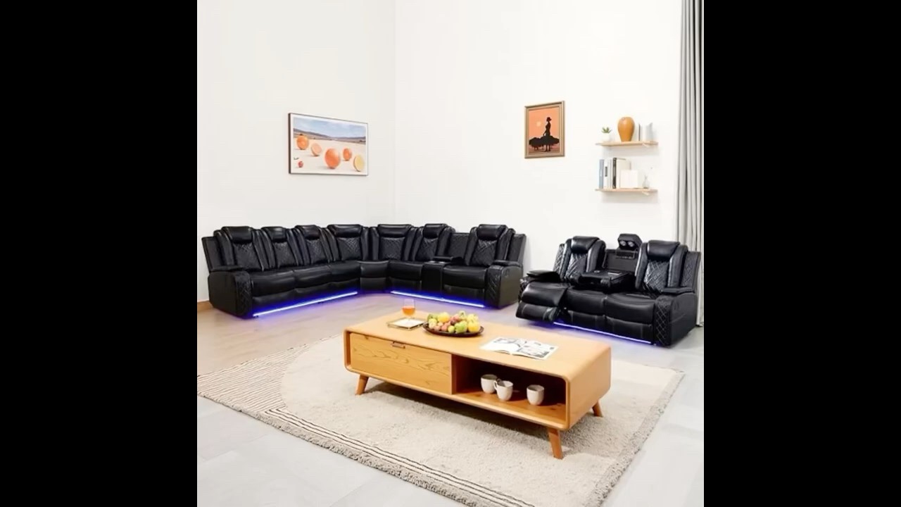 Black Leather Reclining Sectional Couch with LED Lights #home #furniture #decor #design #decoration