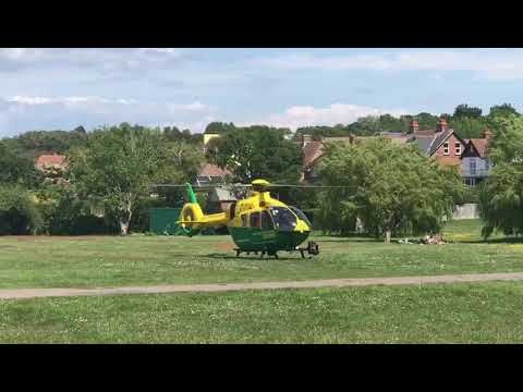 Hampshire and Isle of Wight Air Ambulance takes off from Colwell Bay - Island Echo
