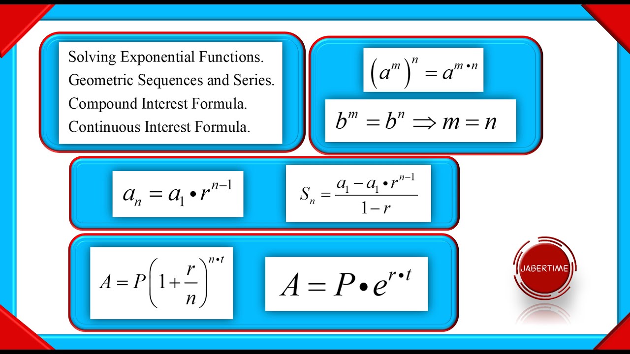 Exponential Equations, Geometric Series, and Compound Interest Formulas.