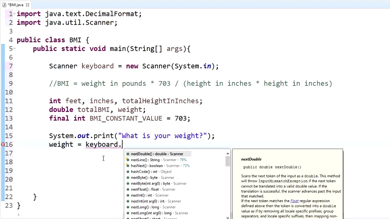 Java Programming Tutorial - 7 -Scanner Class - BMI Program