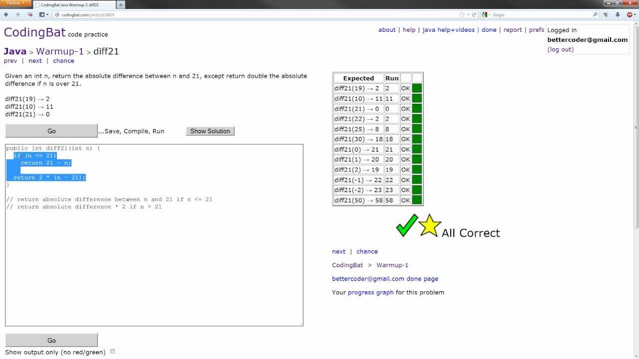 CodingBat - Java Warmup-1 Solution - diff21