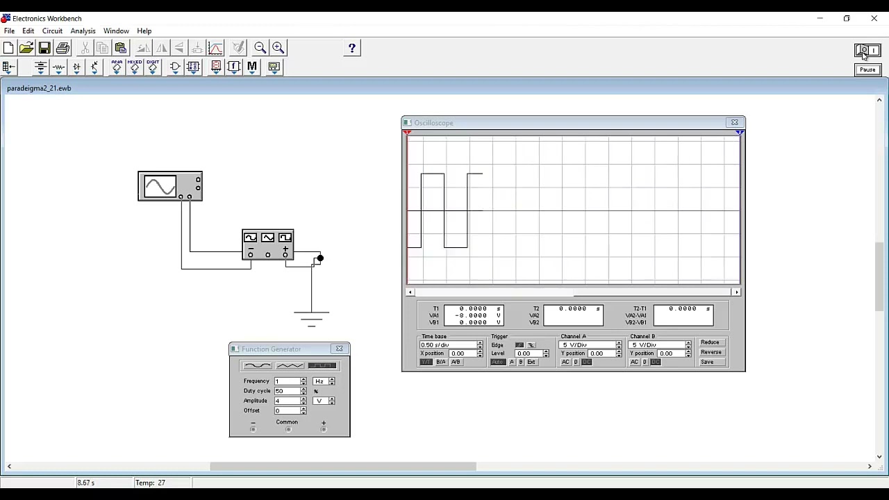 Electronic Simulations - alternating rectangular signal - Electronic Workbench 5 12 - Example 2.21