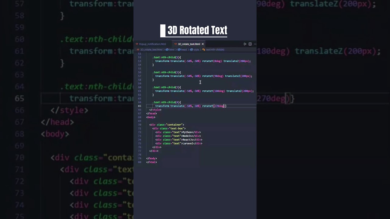 3D Rotated Text using HTML CSS | Complete Web Designing Course #shorts