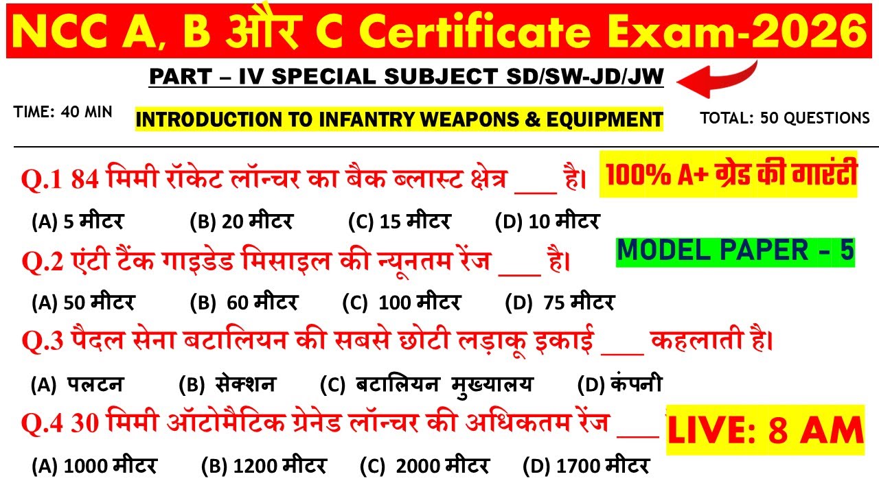 NCC Infantry Weapons & Equipment MCQ 2026 | A B C Certificate | Model Paper + OMR | Part-1