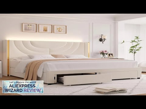 Queen Upholstered LED Bed Frame with 2 Storage Drawers Velvet Platform Bed Review