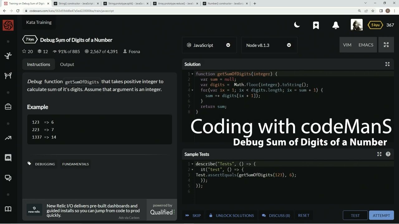 Codewars 7 kyu Debug Sum of Digits of a Number JavaScript