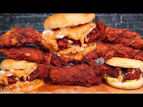 (ASMR NO TALKING) NASHVILLE HOT CHICKEN SANDWICHES, NASHVILLE HOT CHICKEN TENDERS