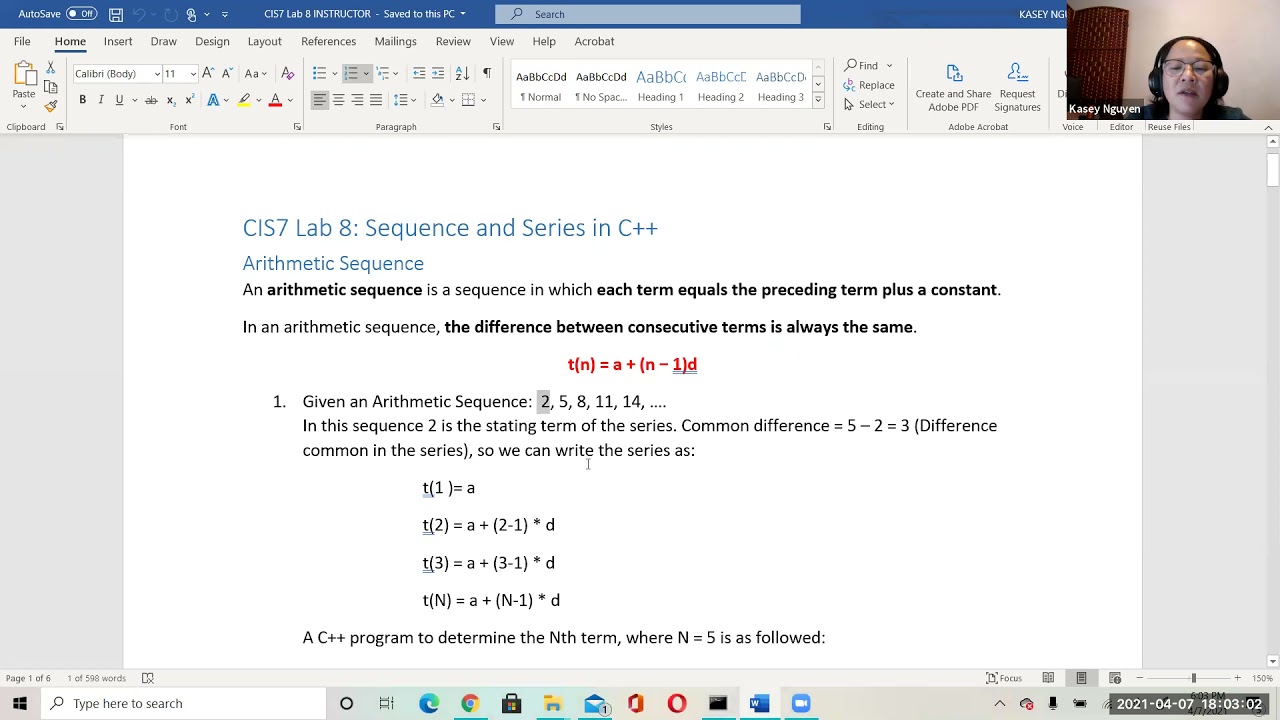CIS7 Unit 8 Lab : Arithmetic and geometric sequence and series in C++