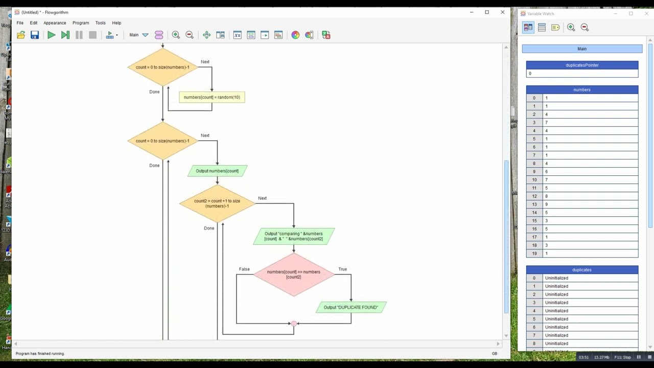Flowgorithm - Finding duplicates in an array - Walk through