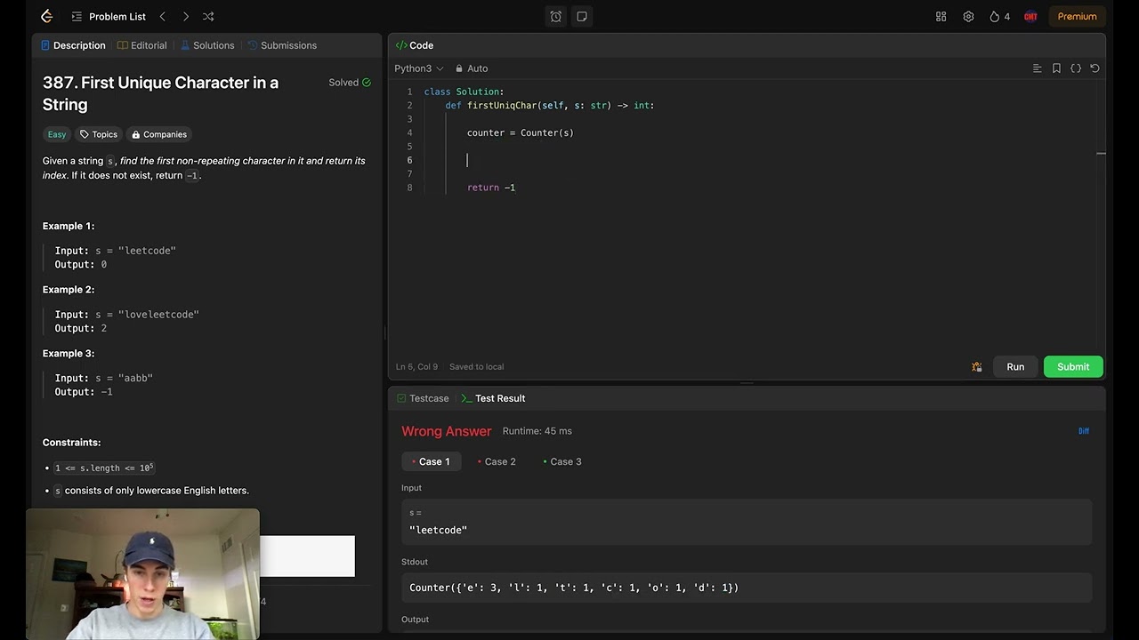 First Unique Character in a String | 387 Leetcode | Python3
