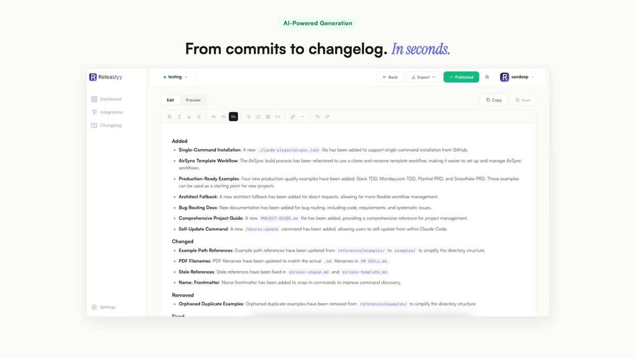 Releaslyy — AI Release Notes from GitHub, Jira & DevRev in Seconds