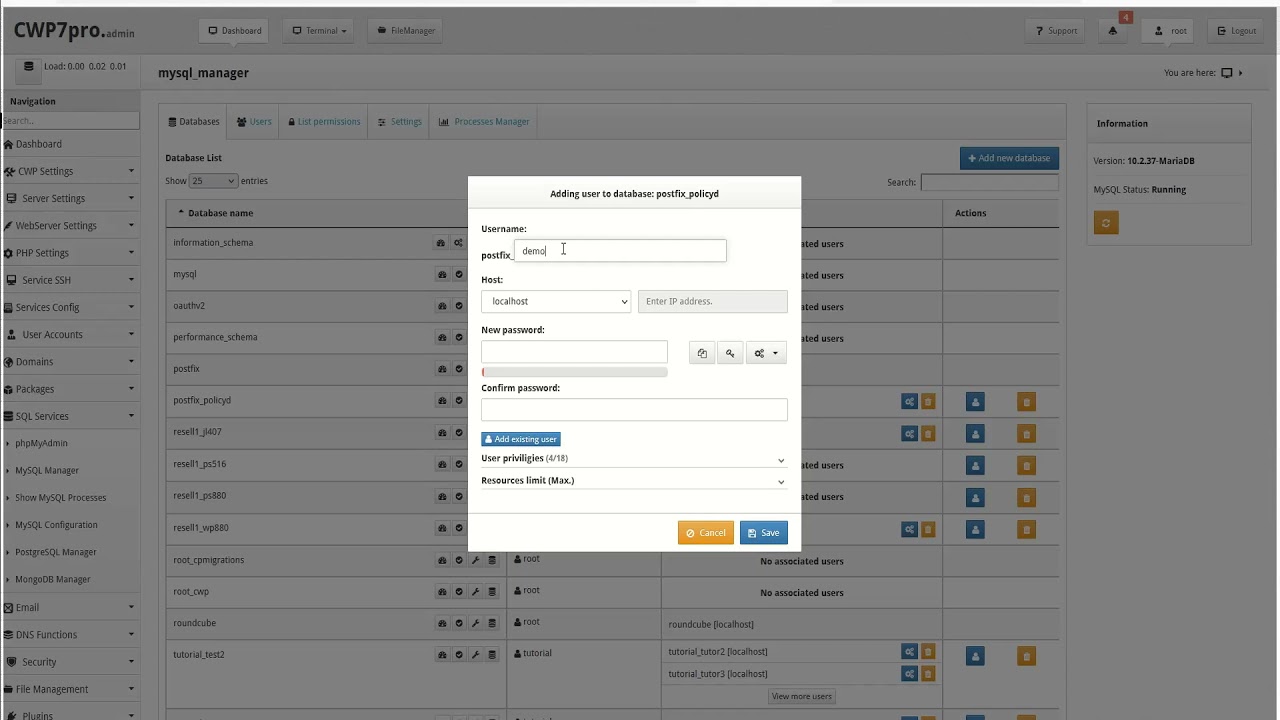 CWP - Admin Panel: MYSQL Manager tutorial