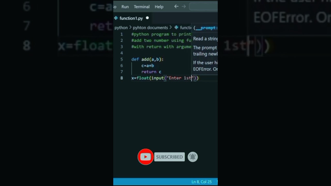 Python program to add two numbers using function (with return with argument)💖👌#shorts #python