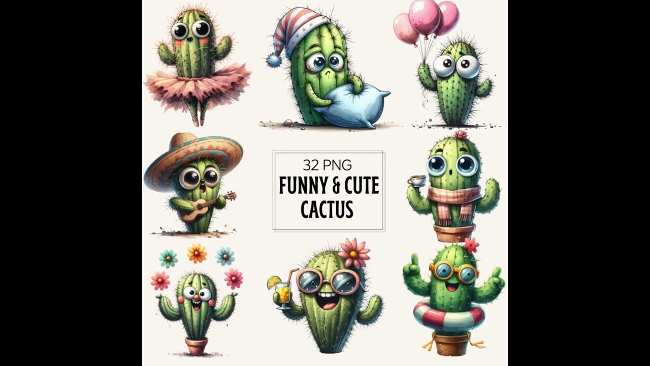 Watercolor Cactus Clipart Bundle: Funny Succulents (PNG Digital Download)