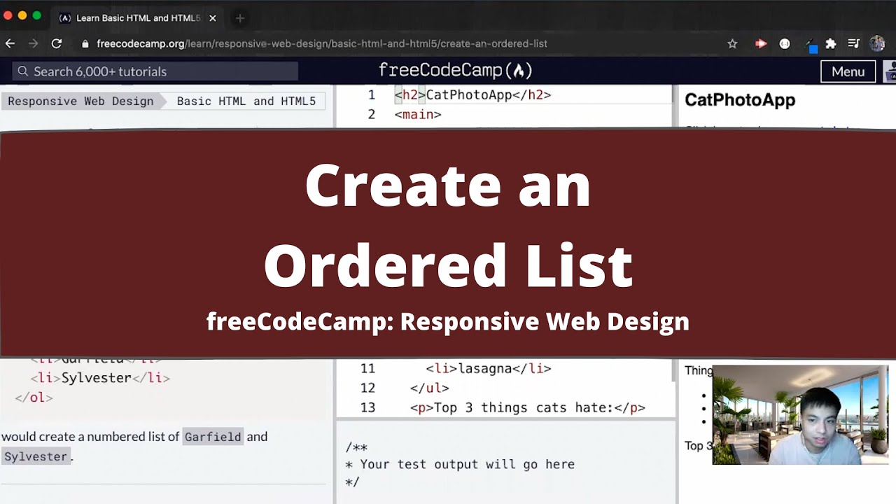Create an Ordered List (Basic HTML and HTML5) freeCodeCamp tutorial