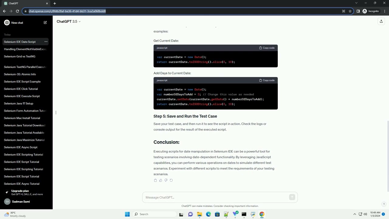 selenium ide execute script date
