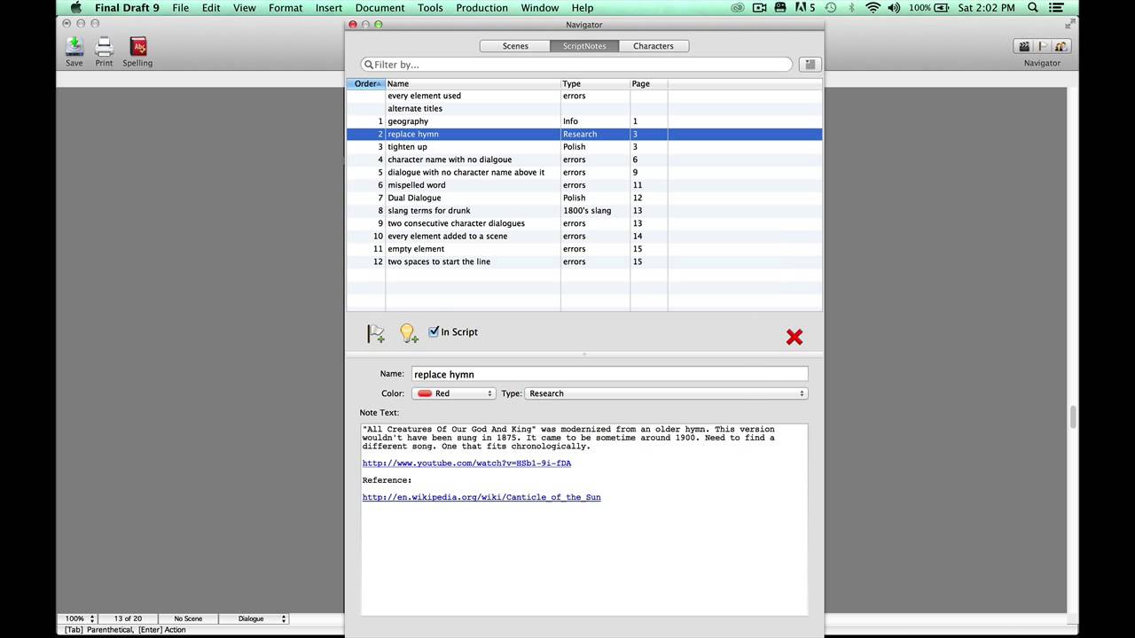 Final Draft 9 for Mac | ScriptNotes Navigator