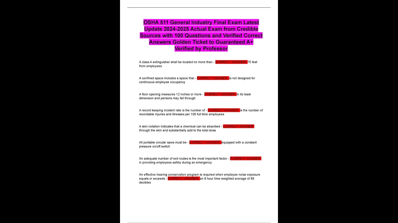 OSHA 511 General Industry Final Exam Latest Update Actual Exam from Credible Sources with 100 Questi