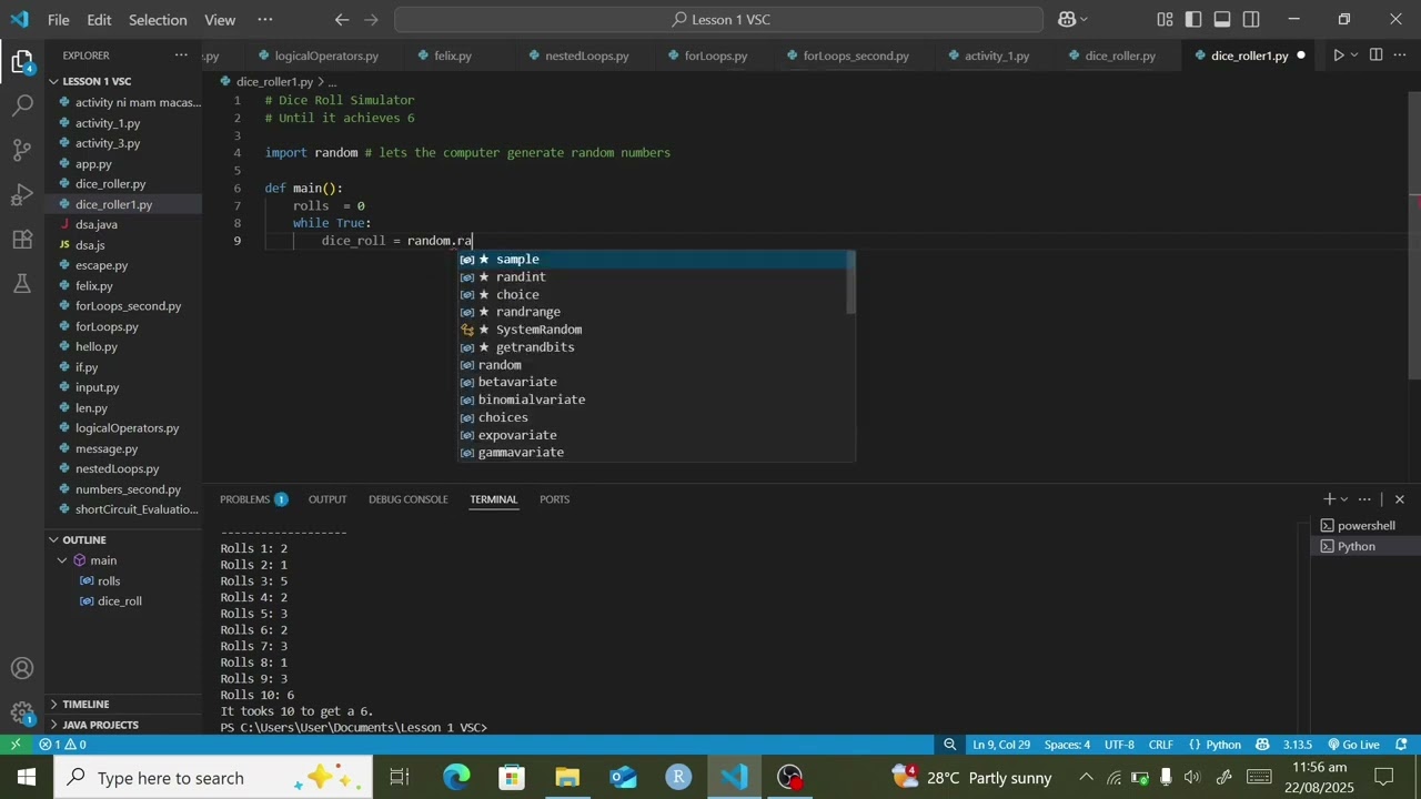 Dice Rolling Simulator using Python language in Visual Studio Code