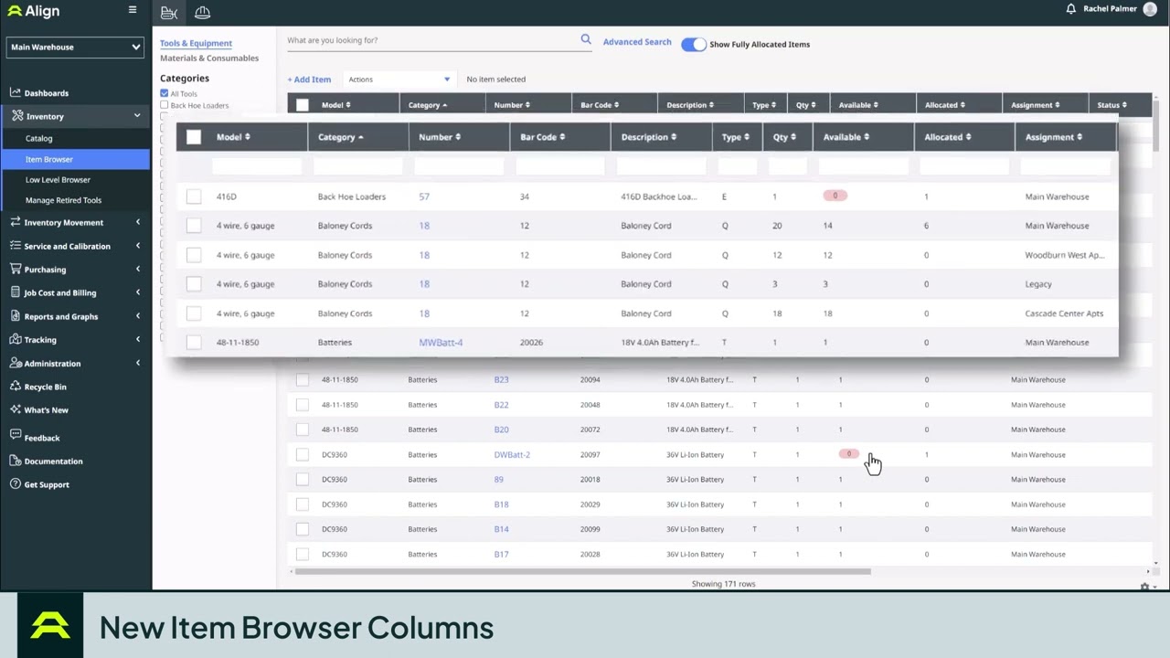 Construction Item Browser in AlignOps