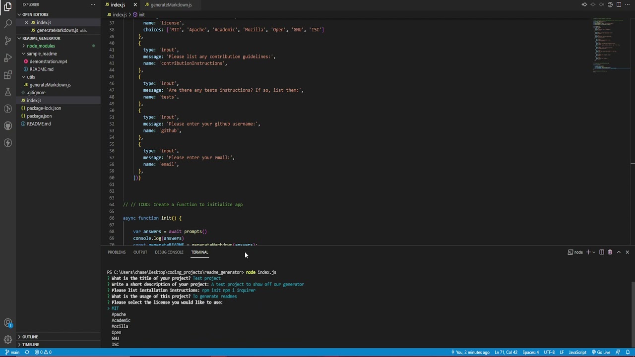 Node.JS readme generator instructions