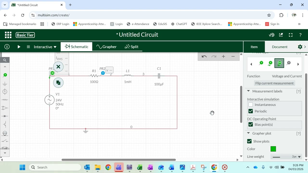 RLC circuit simulation on Multisim web application