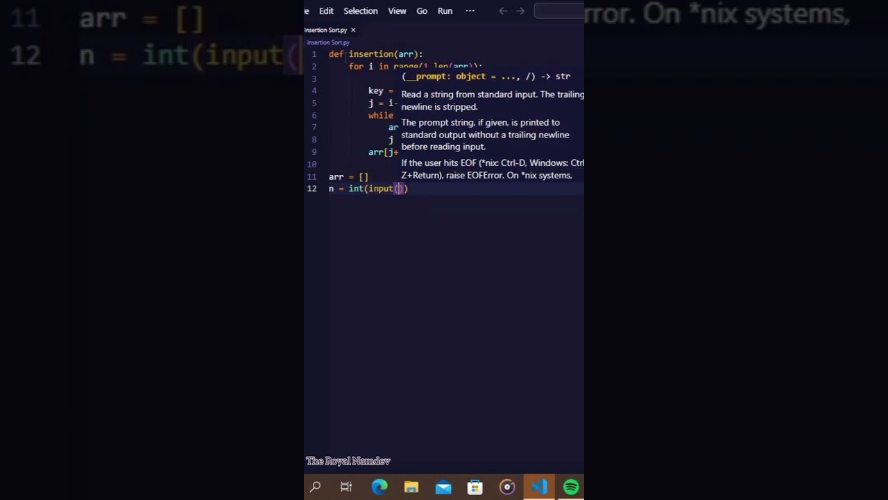 Python Programming - Insertion Sort Program | Beginners Tutorial #codm #education #python #ytshorts