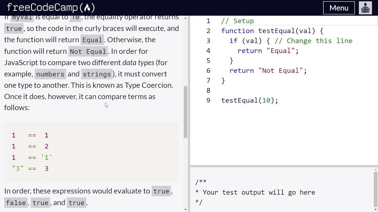 Comparison with the equality operator - freeCodeCamp | Video 60 | Basic JavaScript
