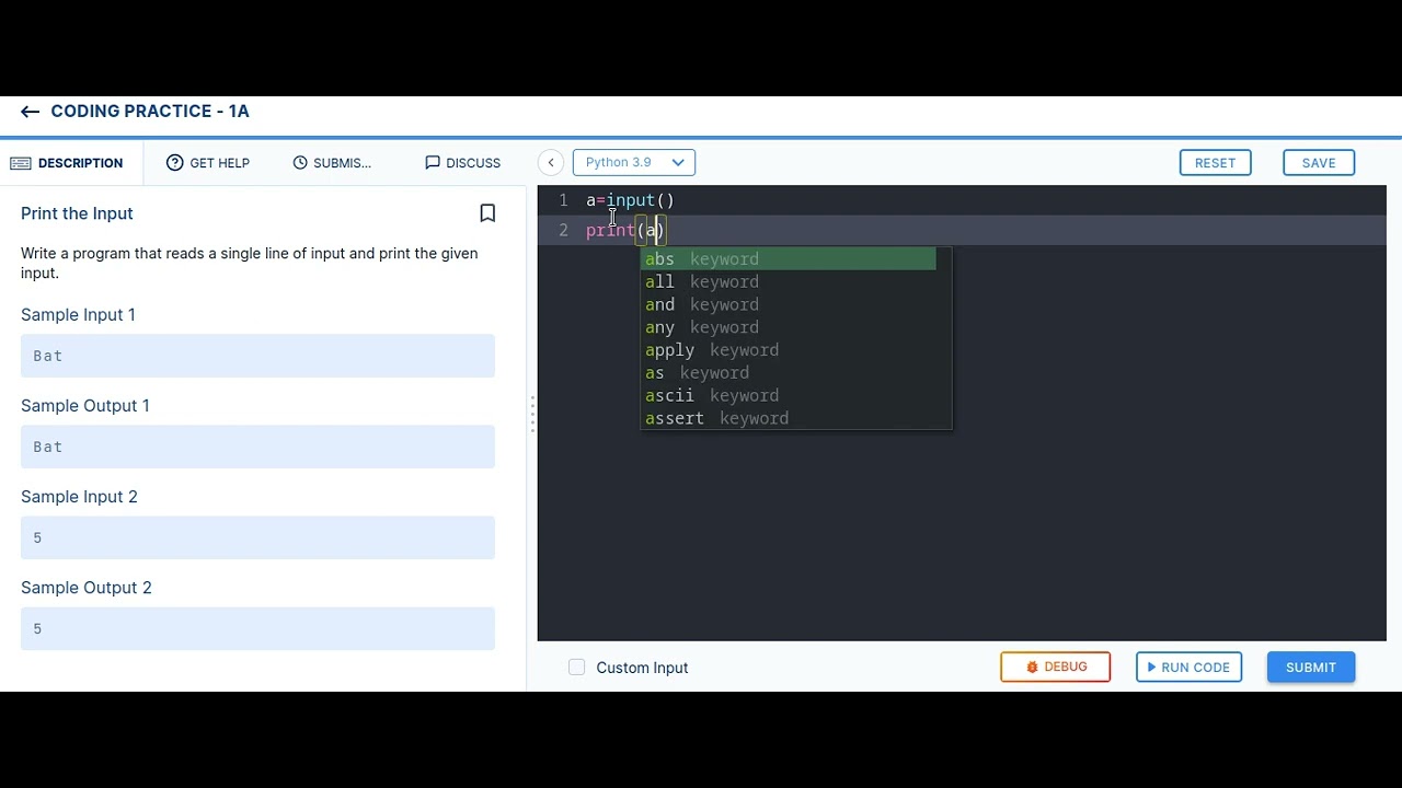 print the input coding Practice - 1A
