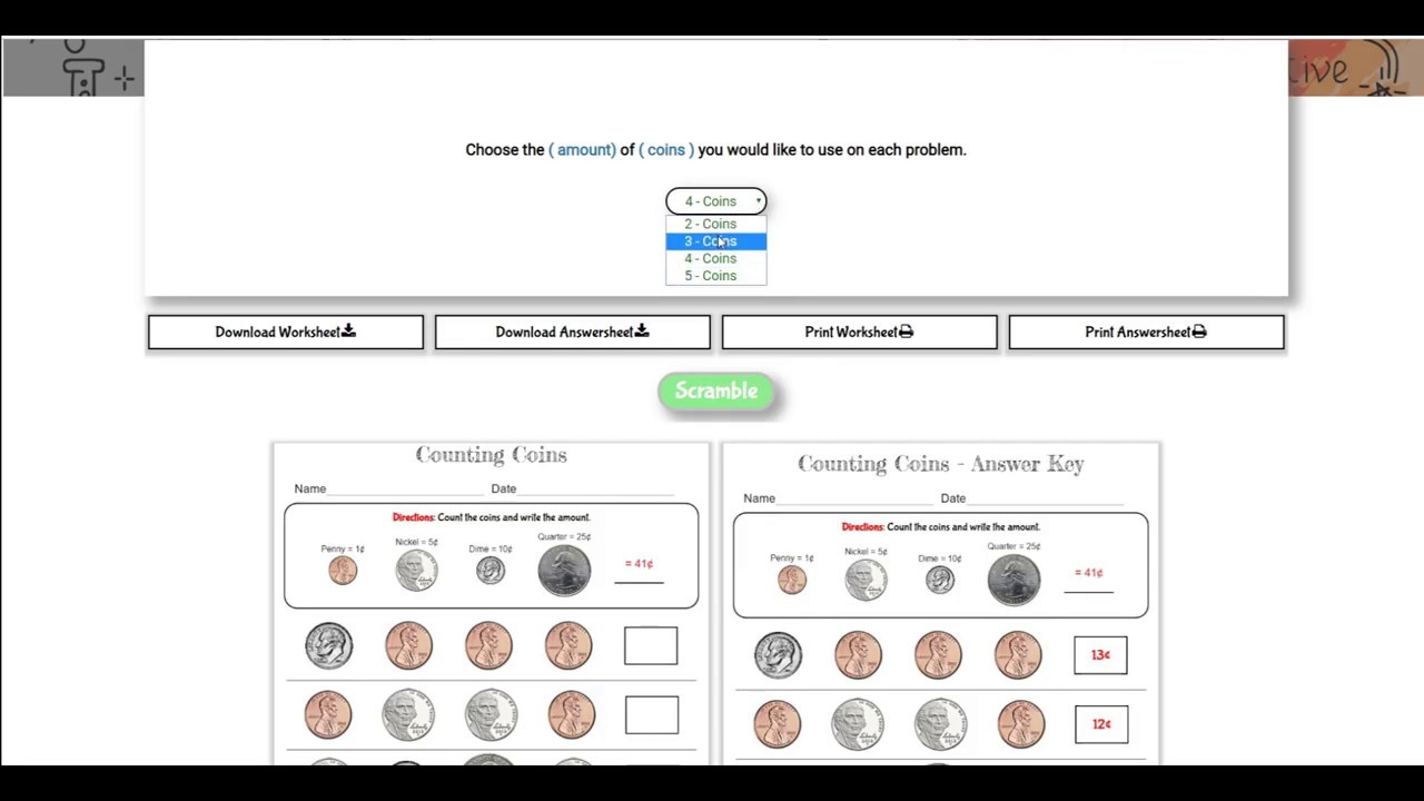 Counting Coins - ( Worksheet Generator )