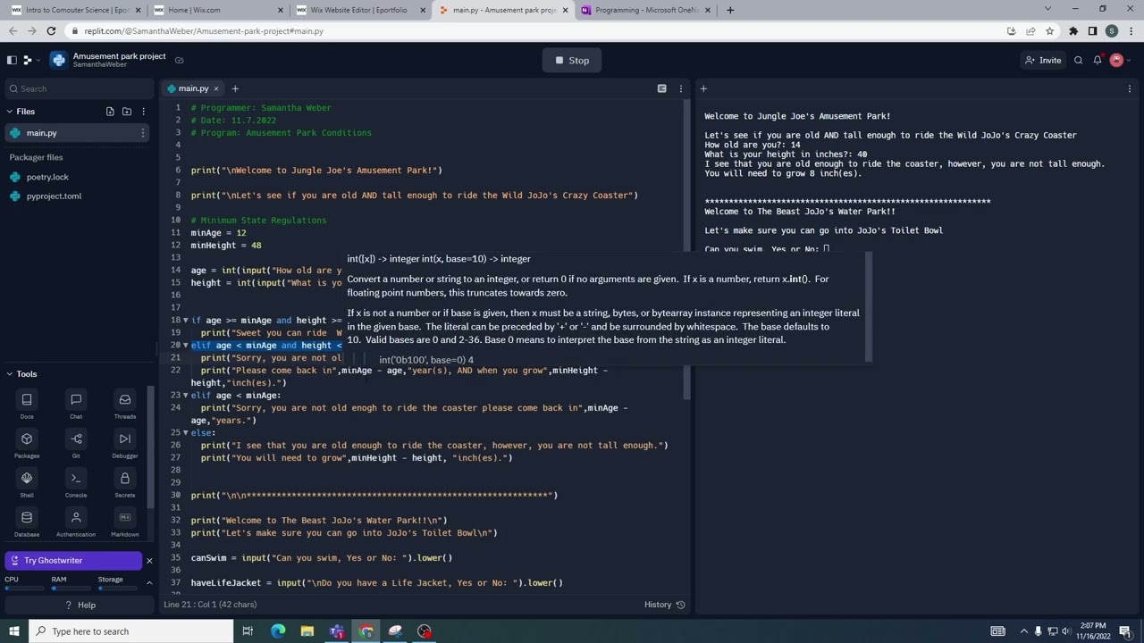 Python Amusement Park Project Program.