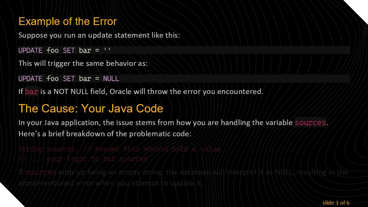 Resolving java.sql.SQLException: ORA-01407: cannot update to NULL Errors in Java Applications