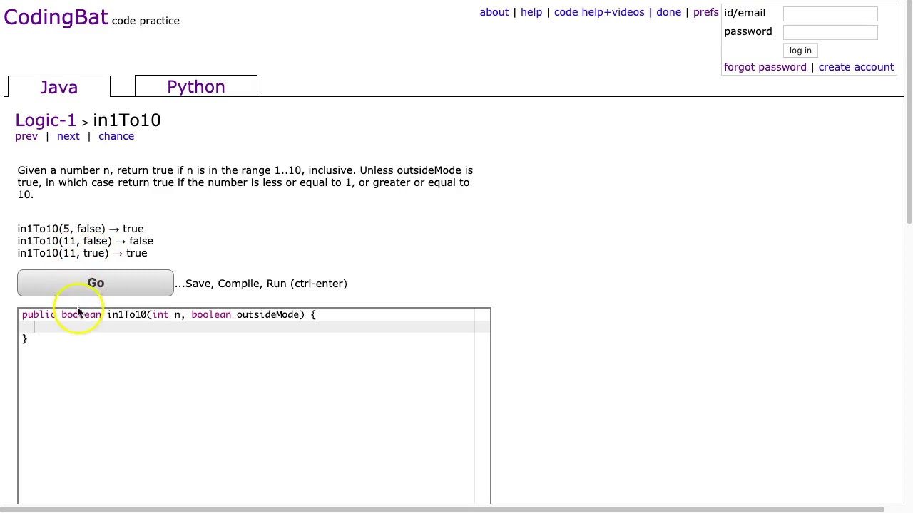 Codingbat - in1To10 (Java)