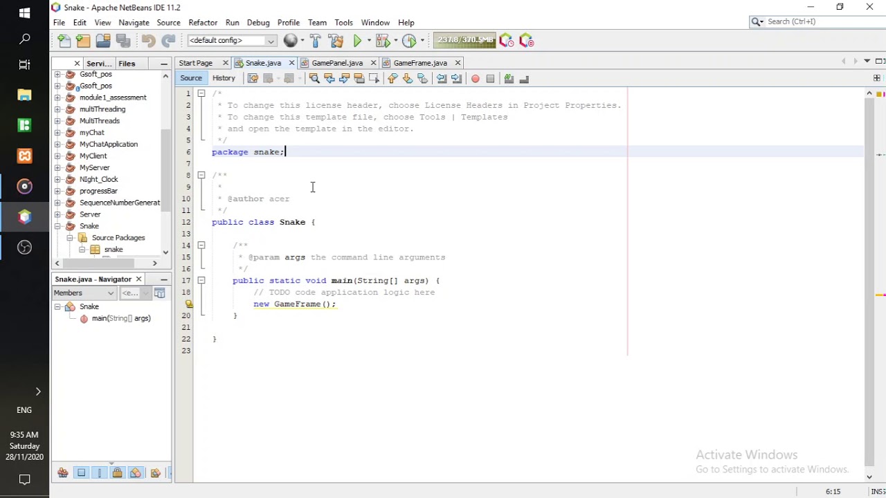 Snake game developed in Java with free source code.