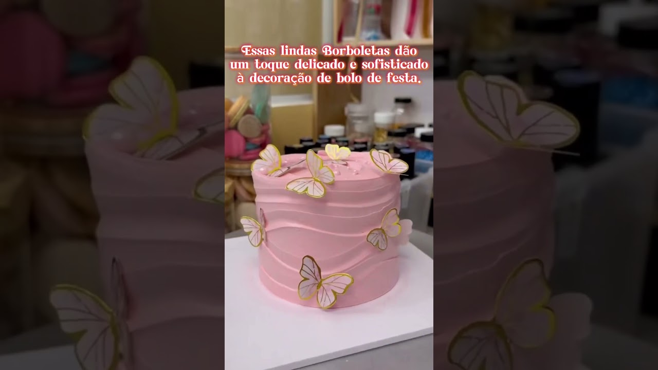 Topo de Bolo de Borboletas Rosa Dourada Festa Aniversário Mesversário