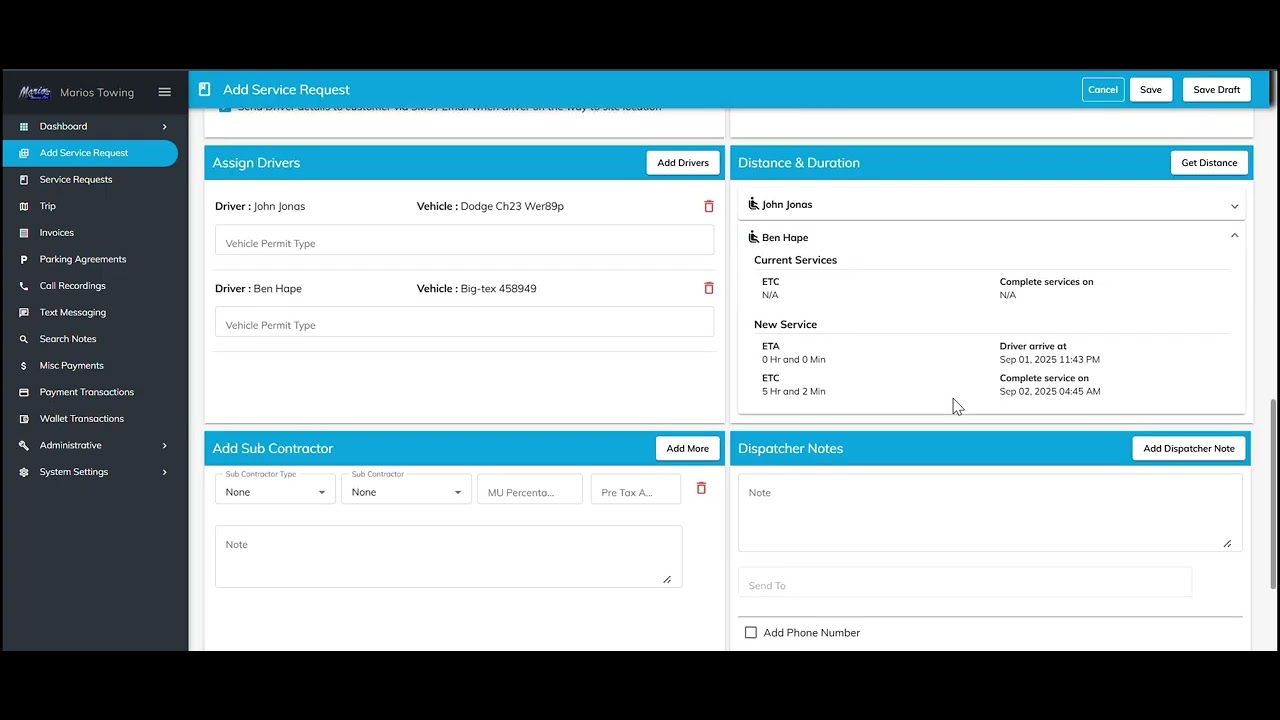 How to create a service request with multiple drivers