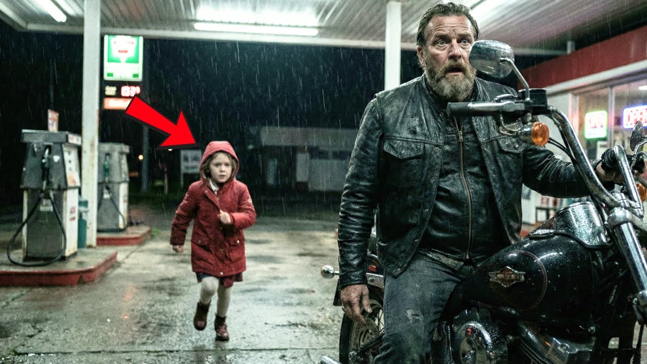 A Little Girl Runs Up To A Biker At A Gas Station: 
