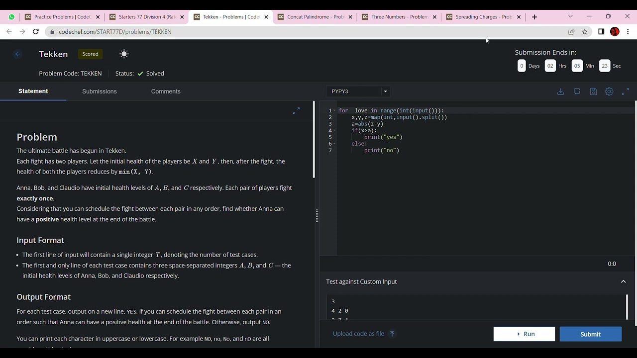 Tekken   Problems   CodeChef  starter77 solution