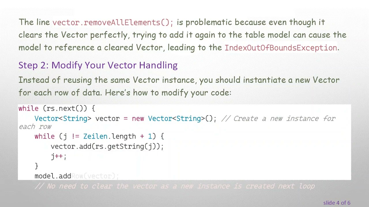 Fixing the IndexOutOfBoundsException in Java Swing JTable with Vectors