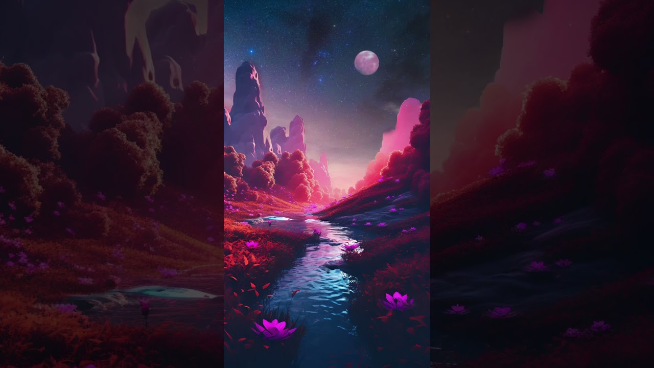 Fantasy Night Sky Moonlit Landscape River Scenery Motion Graphic Background Video (Free Download)